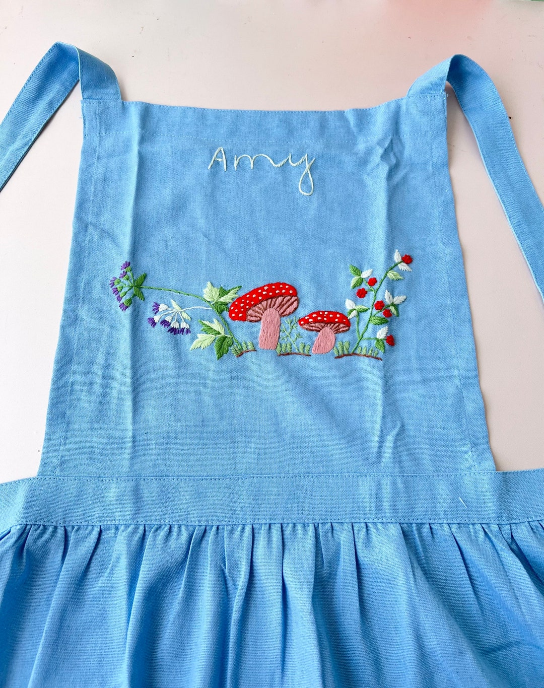 Personalized Hand Embroidered Apron Women, Mushroom Embroidered Apron ...