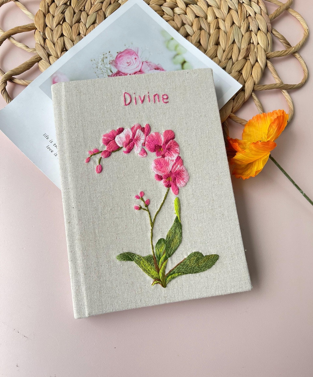 Orchid Flower Embroidered Journal A5, Personalized Hand Embroidered ...