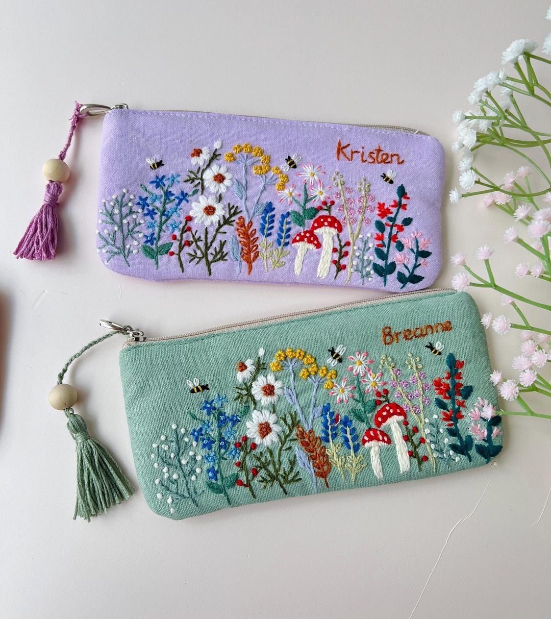Personalized Hand Embroidered Pencil Case, Mushroom Linen Pouch ...