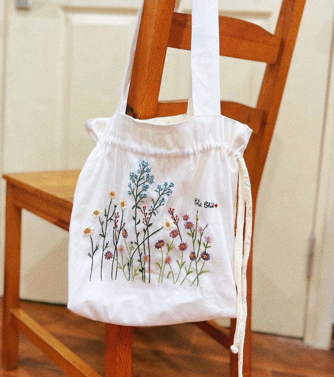 Drawstring Flower Garden Embroidered Linen Tote Bag, Shoulder Bag ...
