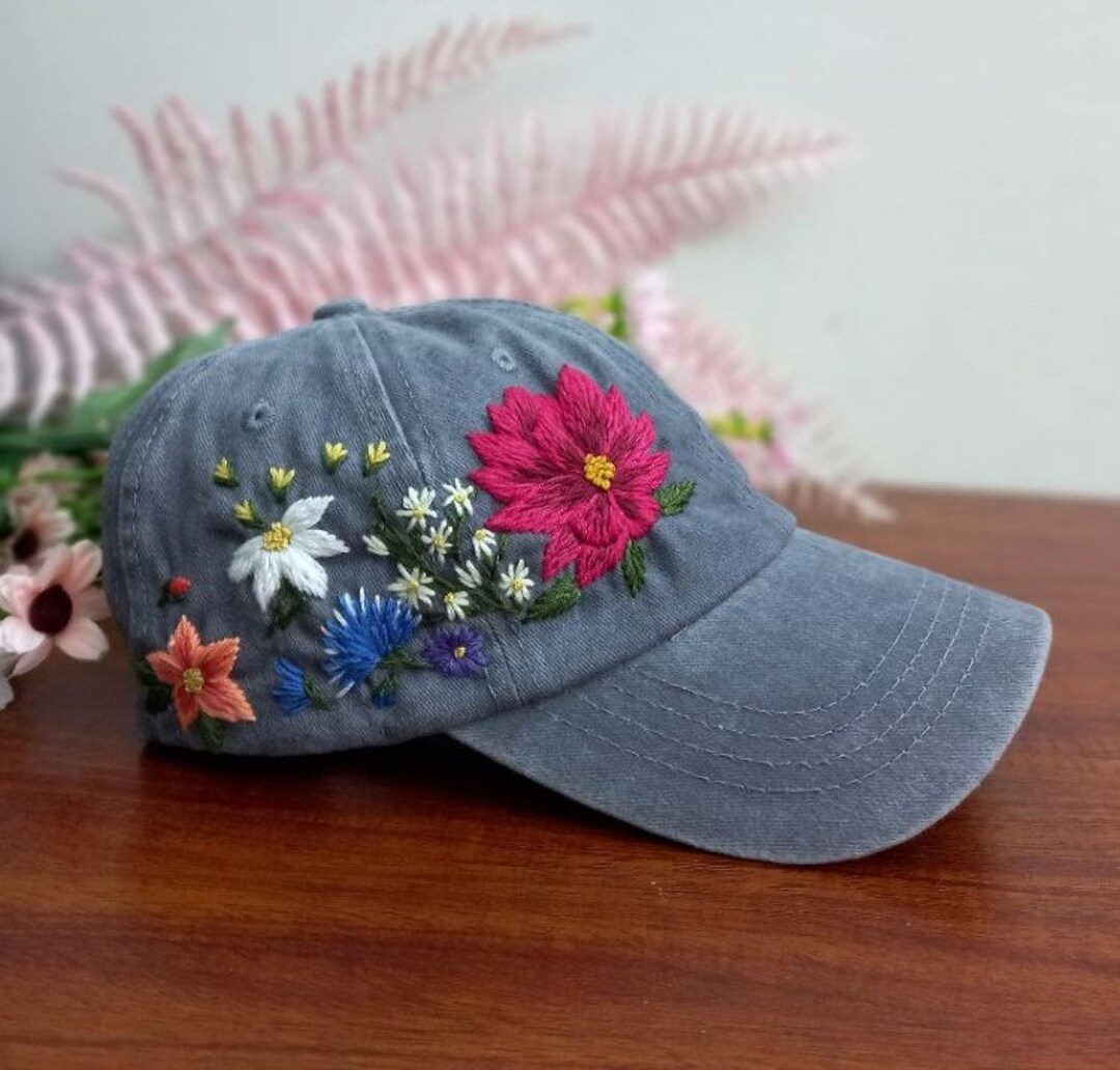 Custom Hand Embroidery Floral Denim Blue Hat, Daisy Embroidered Cap ...