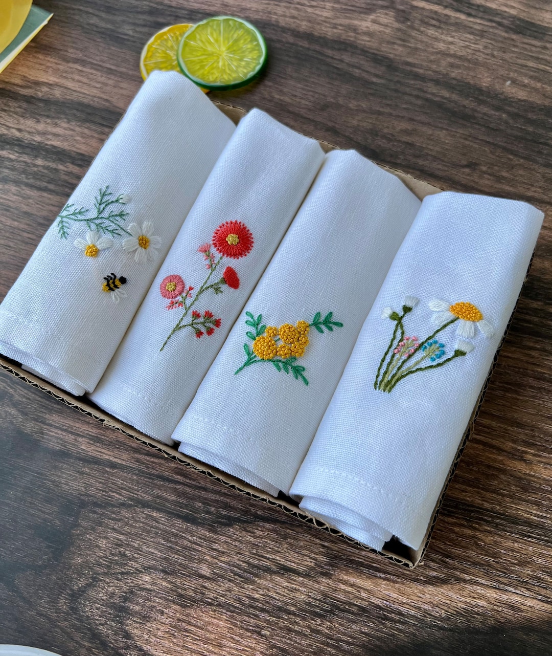 Floral Hand Embroidered Linen Napkins, Wildflower Linen Dinner Napkins ...