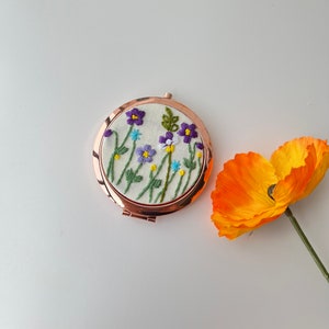 Flower Embroidered Compact Mirror Comes With a Drawstring Bag, Pocket ...