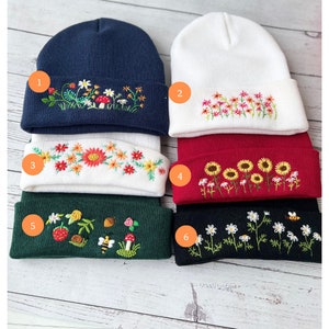 Hand Embroidered Beanie, Daisy Beanie, Mushroom Beanie, Wild Flower and ...