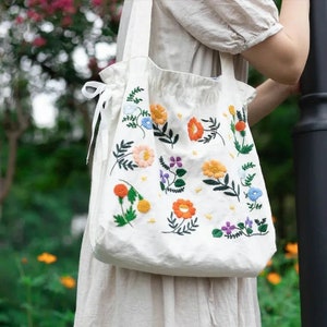 Drawstring Flower Garden Embroidered Linen Tote Bag, Shoulder Bag ...