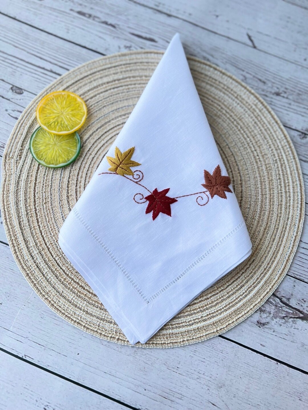 Thanksgiving Hand Embroidered Linen Napkins, Maple Leaves Napkin ...