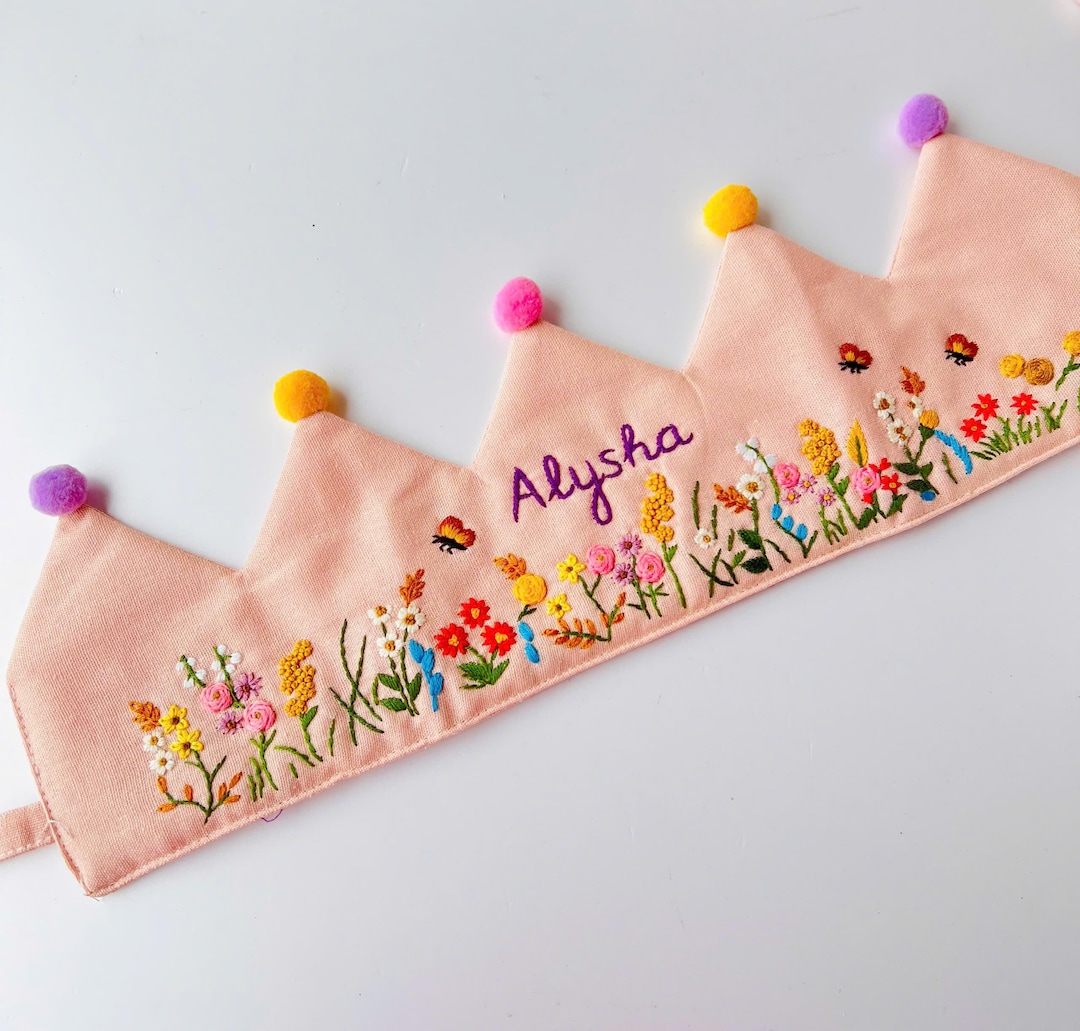 Custom Hand Embroidered Linen Crown, Baby Birthday Crown, Kids Crow ...