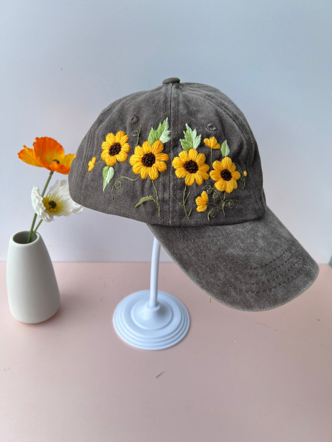 Sunflower Hand Embroidered Baseball Cap, Wash Cotton Hat, Handmade Embroidered Denim Cap, Hat ...