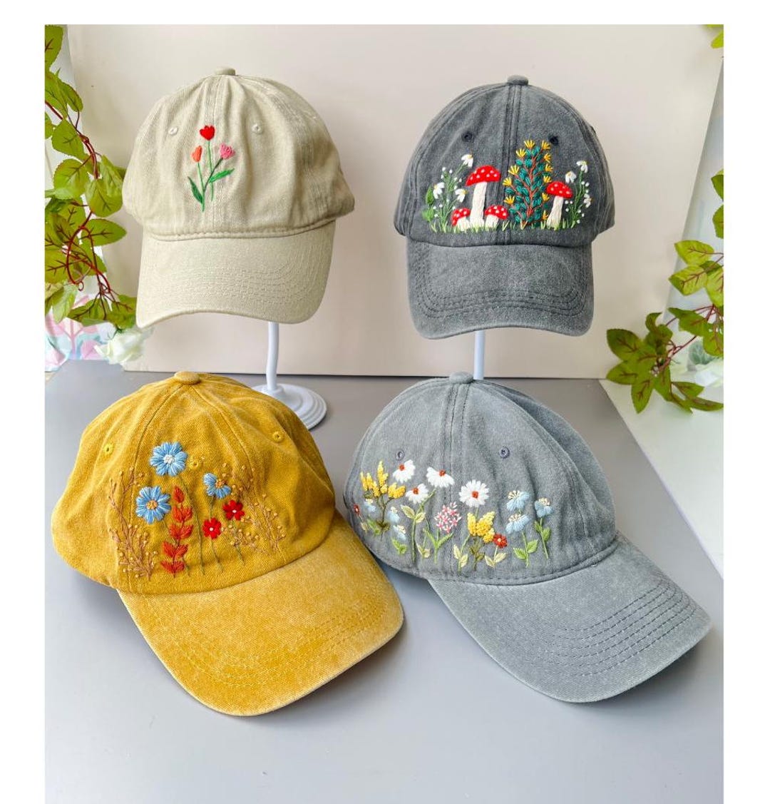 Custom Floral Baseball Cap, Daisy Hand Embroidered Baseball Cap, Wash ...