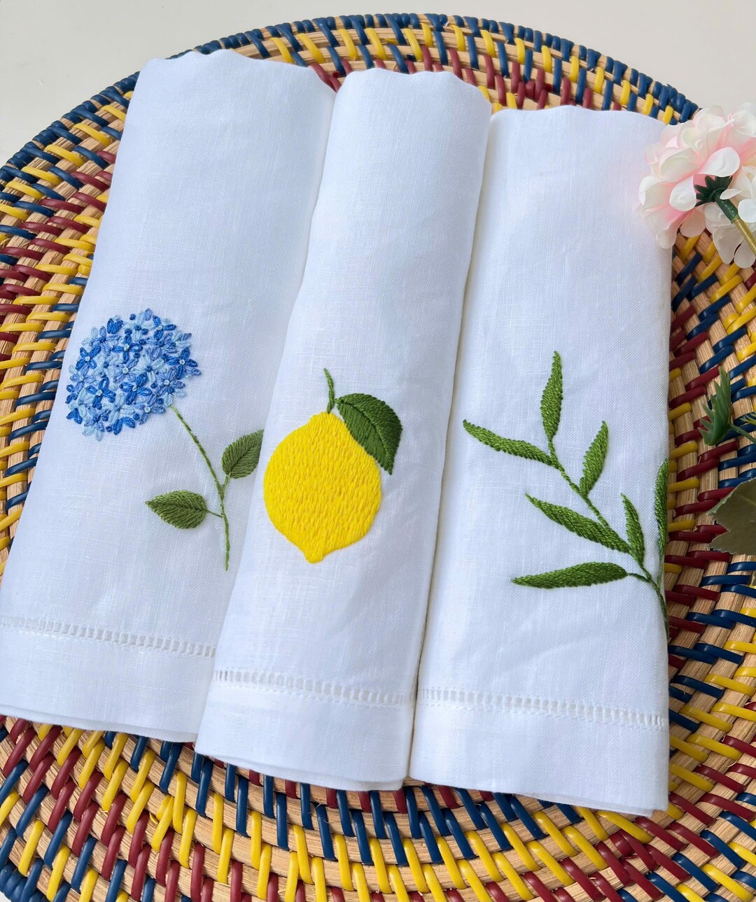 Lemon Hand Embroidered Linen Napkins, Personalized Napkin, Hydrangea ...