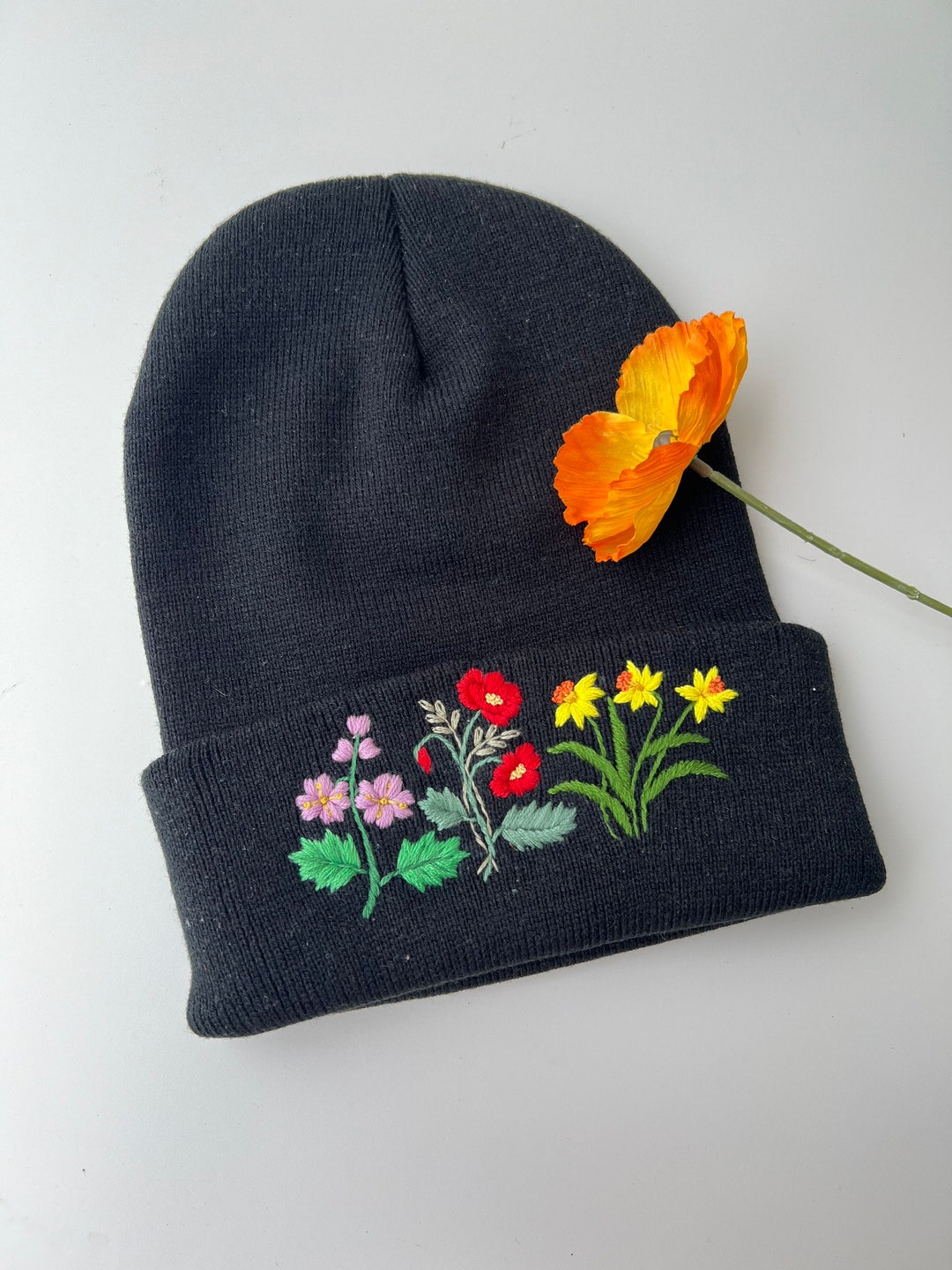 Custom Hand Embroidered Beanie, Birth Month Flower Beanie, Peony Beanie ...