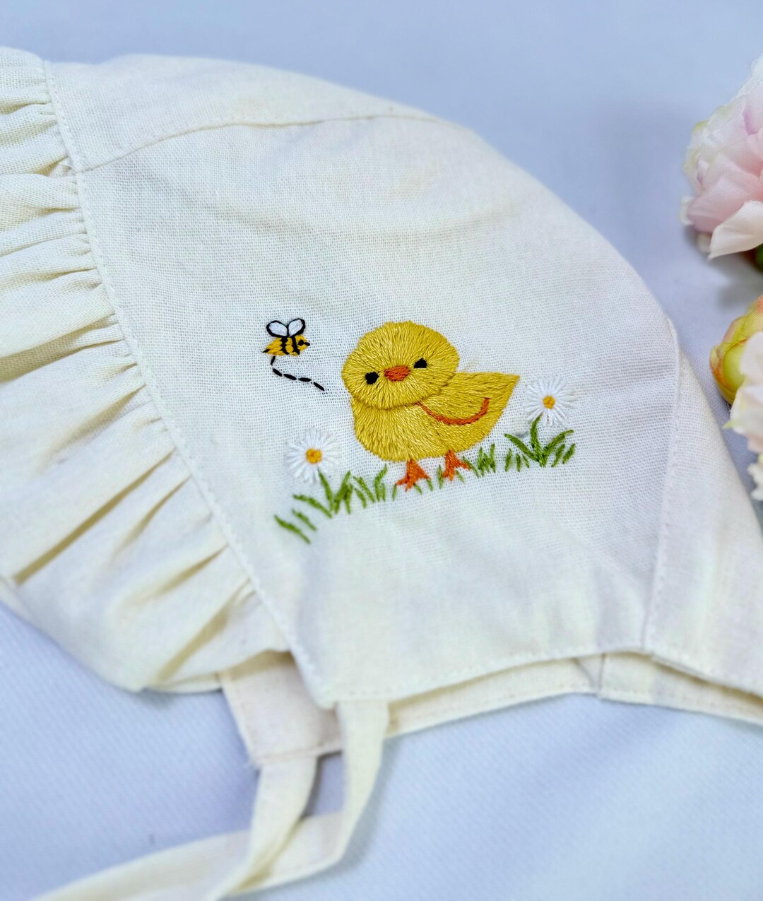 Hand Embroidered Linen Baby Bonnet, Custom Bonnet, Happy Chicken With ...