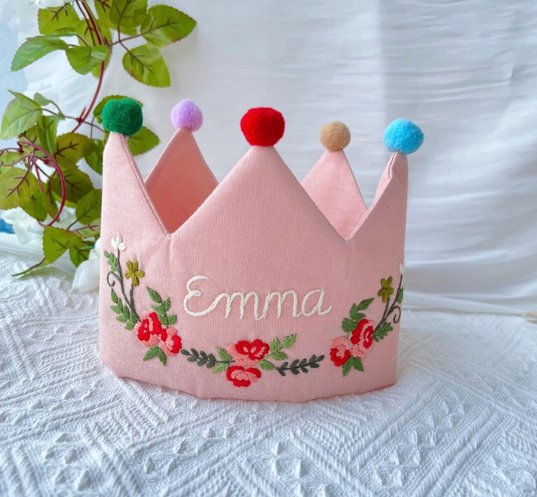 Custom Hand Embroidered Linen Crown, Baby Birthday Crown, Kids Crow ...