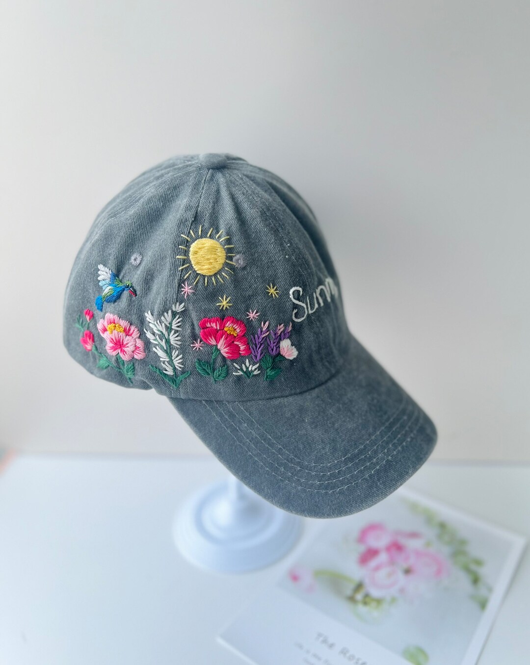 Custom Hand Embroidery Hat With Peonies, Sun and Hummingbird, Daisy ...