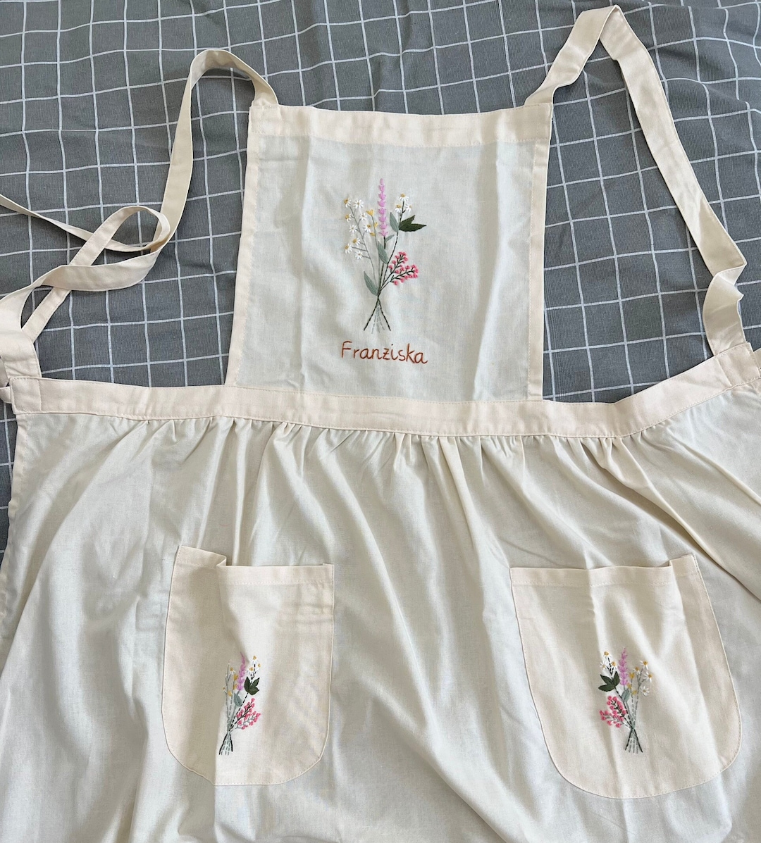 Floral Embroidered Apron for Women, Personalized Hand-embroidered Apron, Linen Cotton Apron ...