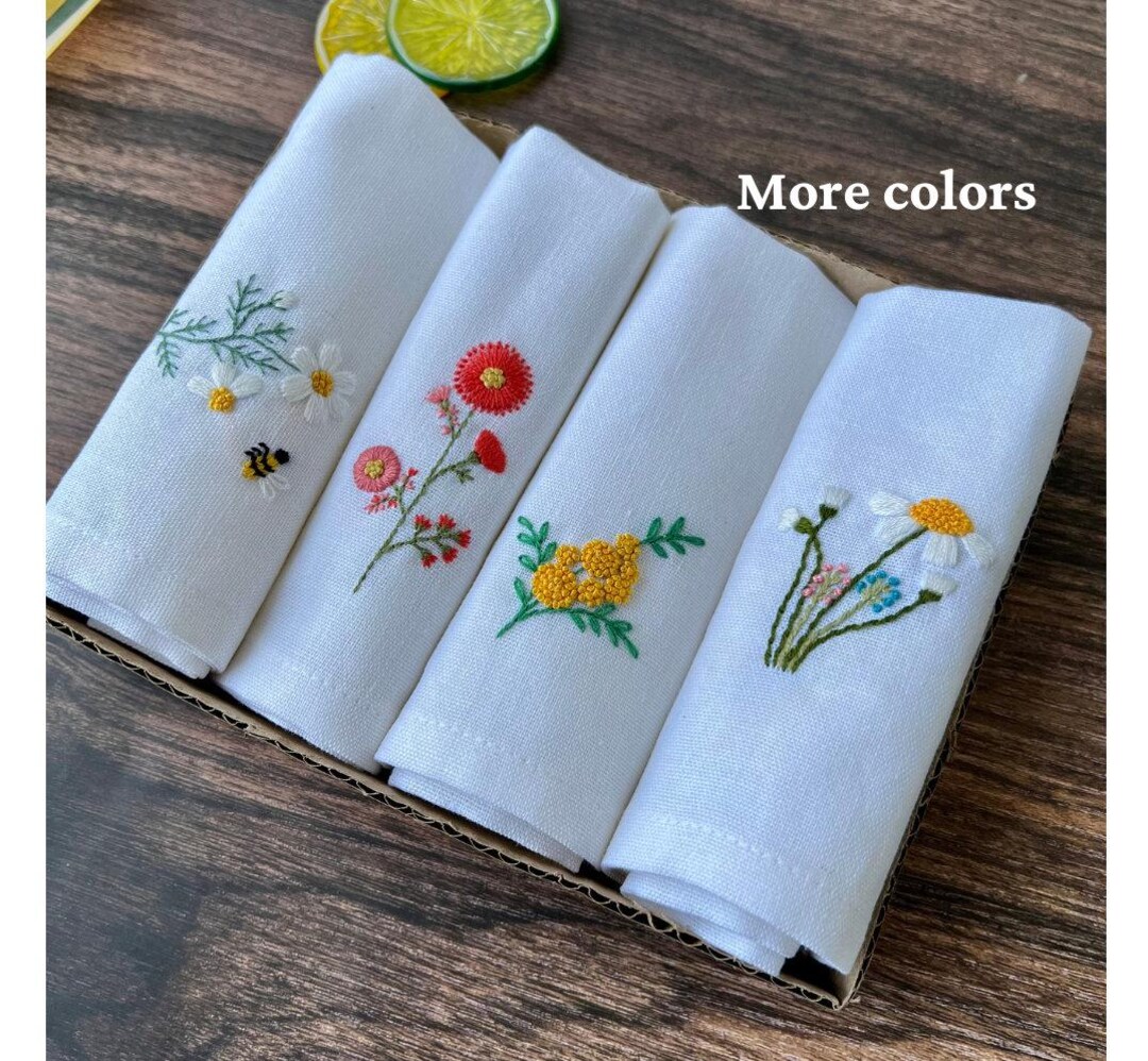 Floral Hand Embroidered Linen Napkins, Wildflower Linen Napkins ...