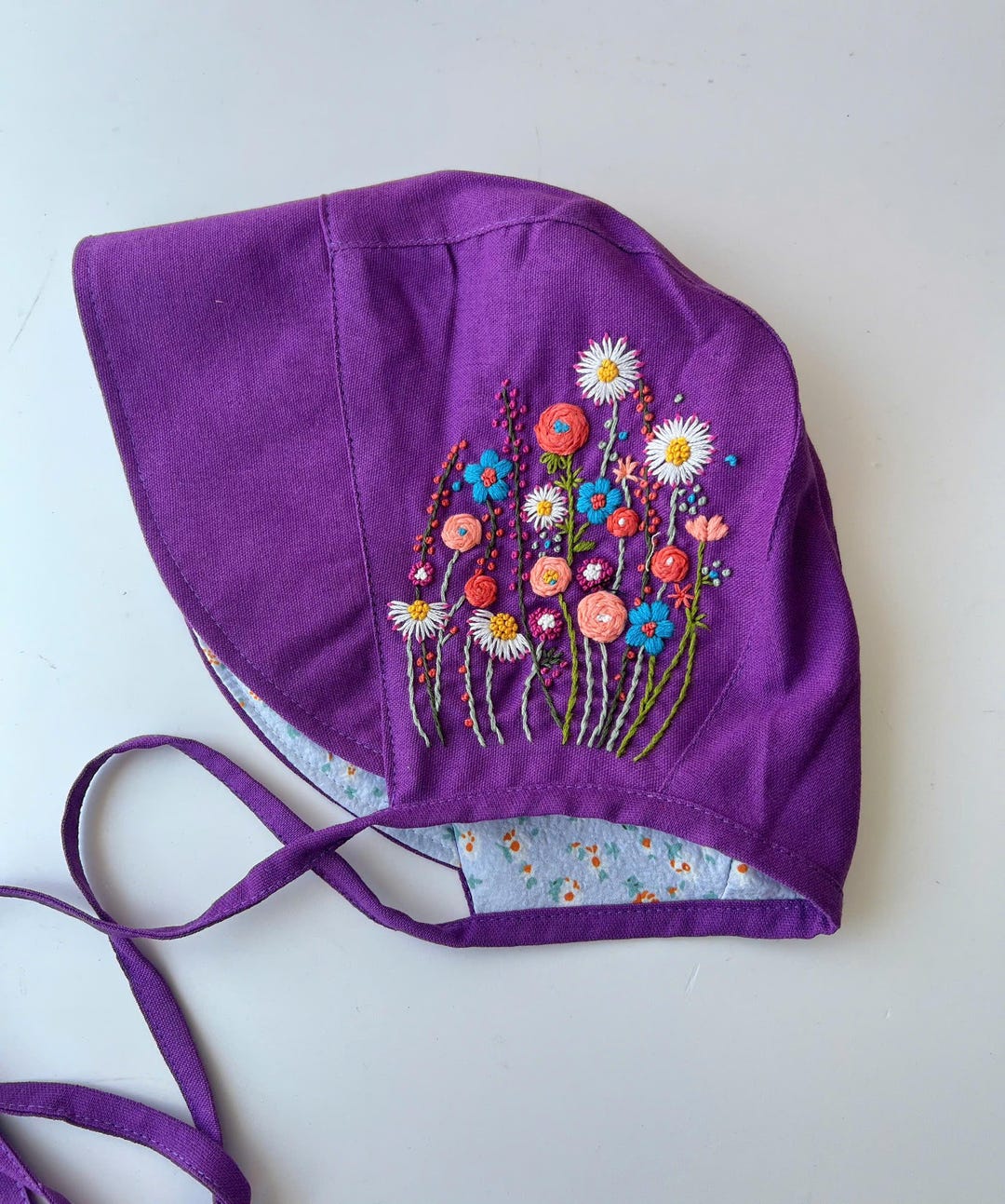 Personalized Hand Embroidered Linen Baby Bonnet With Flowers, Custom ...