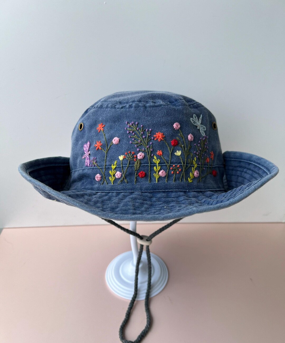 Custom Hand Embroidered Bucket Sun Hat, Wash Cotton Hat, Flower and ...