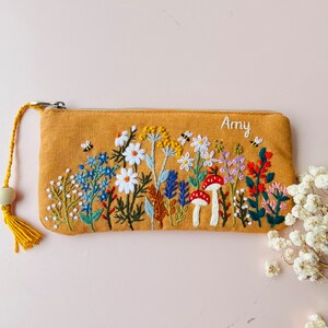 Personalized Hand Embroidered Pencil Case, Mushroom Linen Pouch ...