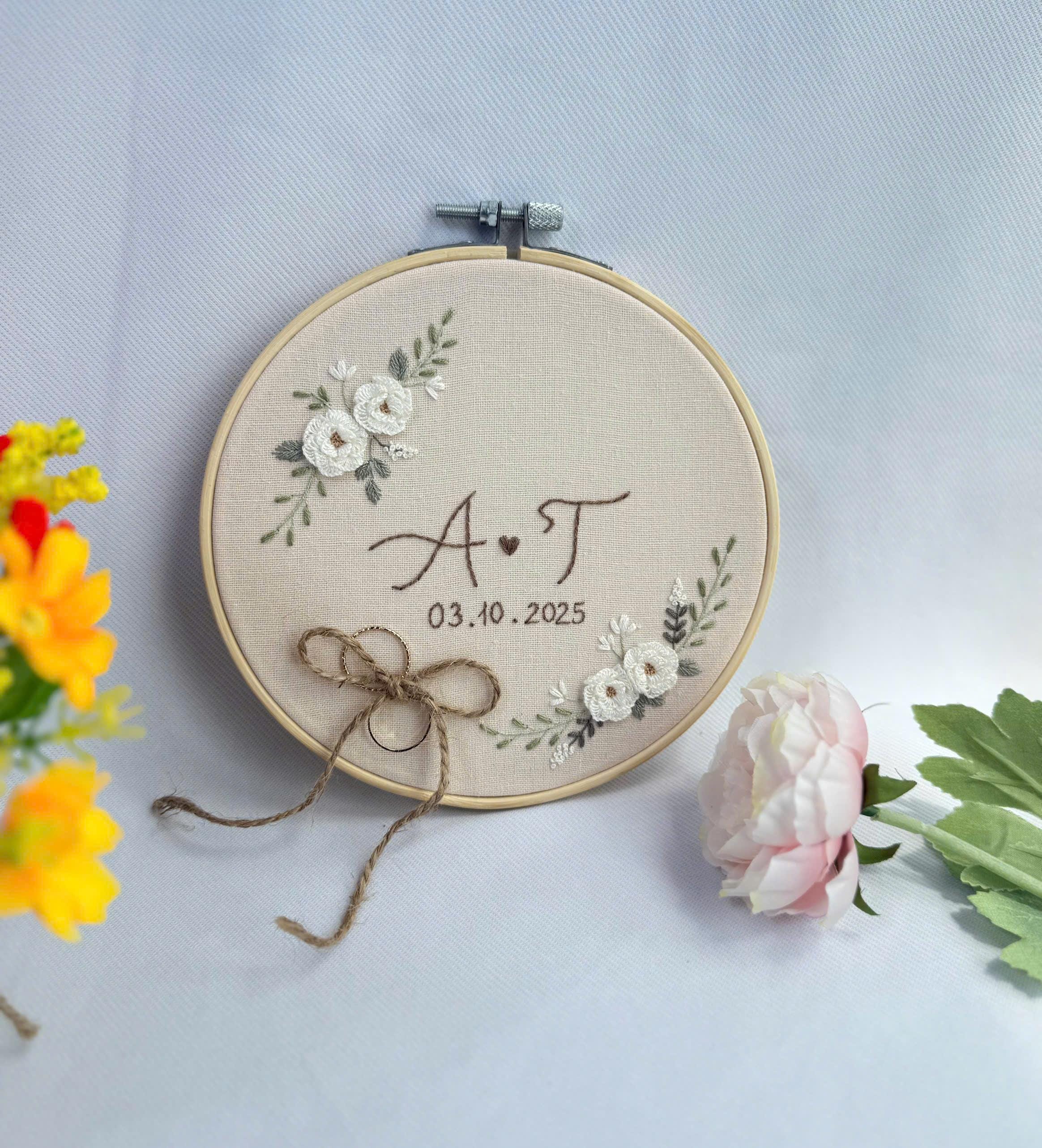 Custom Embroidered Wedding Hoop Art, Personalized Hand Embroidered ...