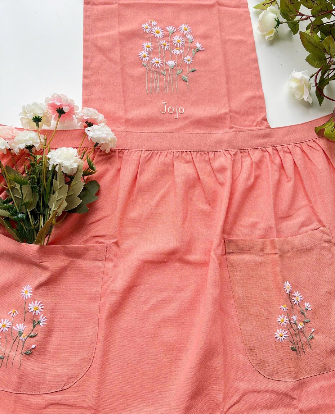 Daisy Embroidered Apron for Women, Personalized Hand-embroidered Apron ...