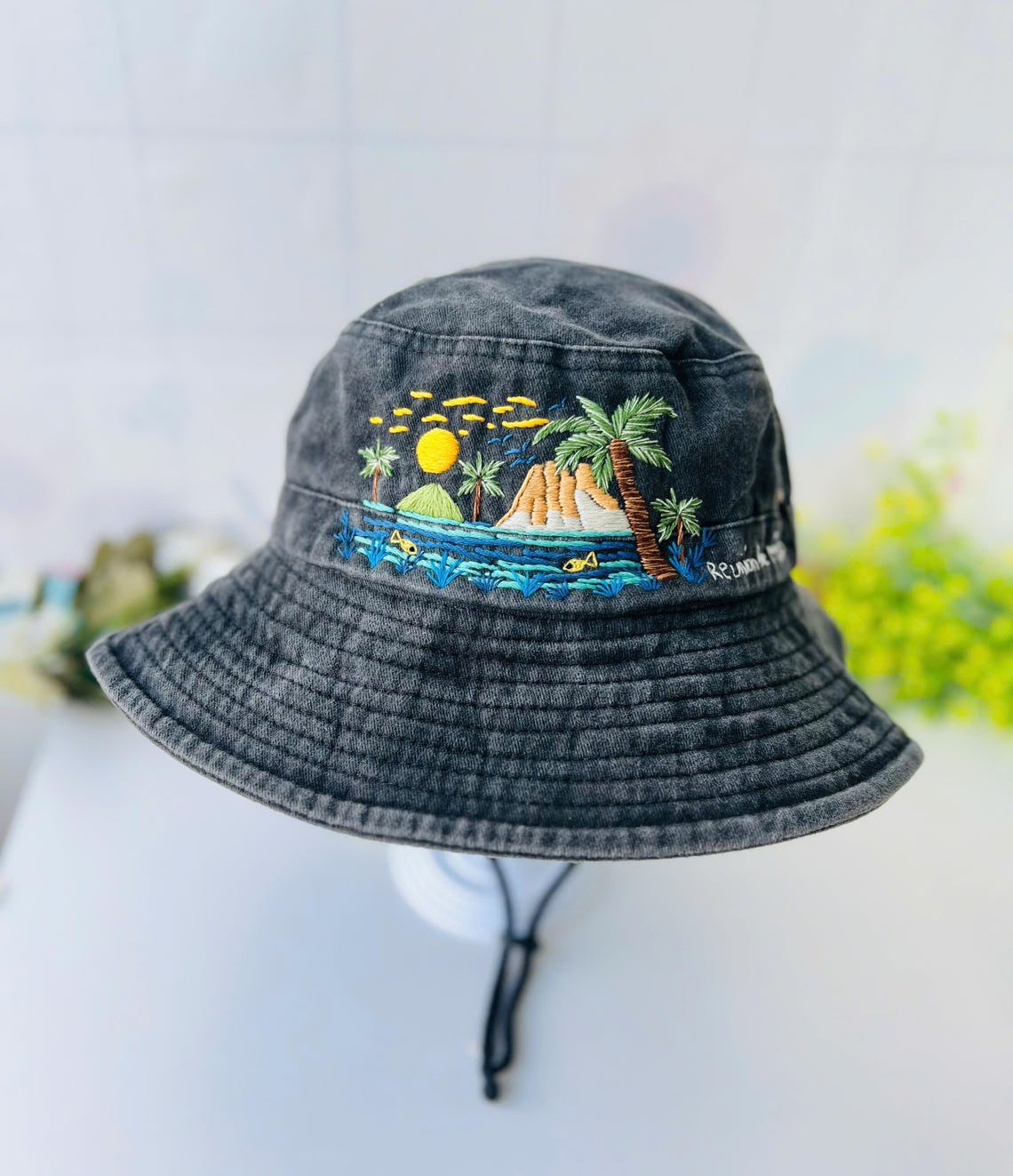 Custom Hand Embroidered Bucket Sun Hat, Wash Cotton Hat, Flower and ...
