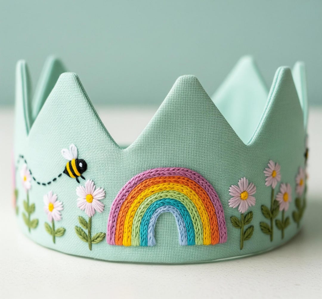 Custom Hand Embroidered Linen Crown With Rainbow, Baby Birthday Crown ...