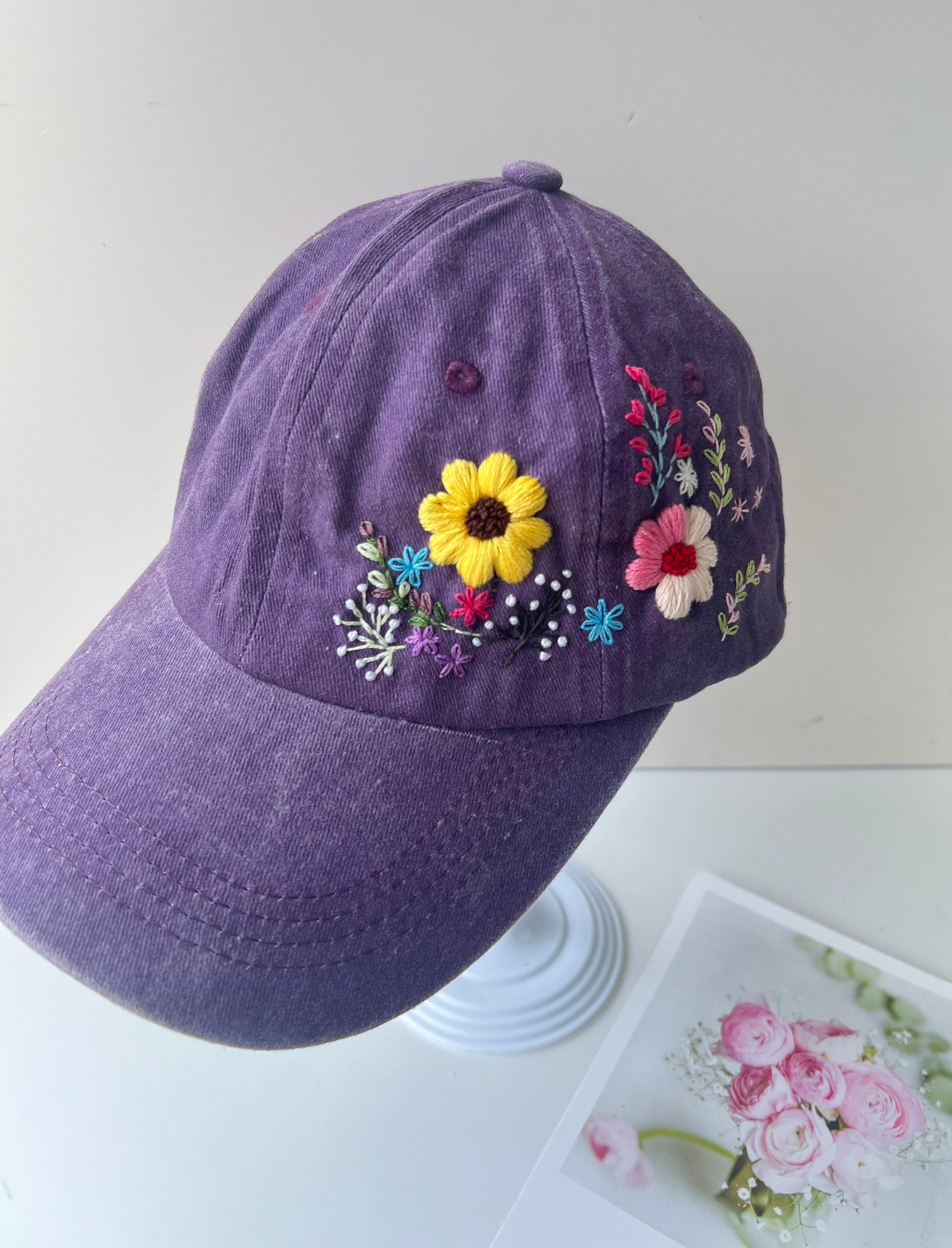 Custom Floral Hand Embroidered Baseball Cap, Flower Embroidered Hat ...