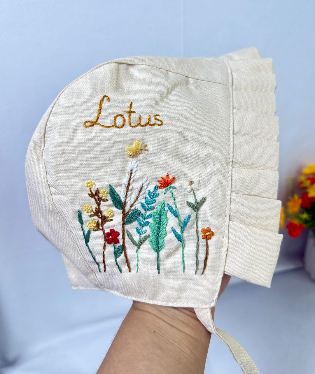 Personalized Hand Embroidered Linen Baby Bonnet With Flowers, Custom ...
