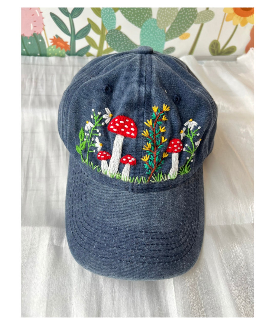 Mushroom and Flower Embroidered Baseball Cap, Daisy Hand Embroidered ...