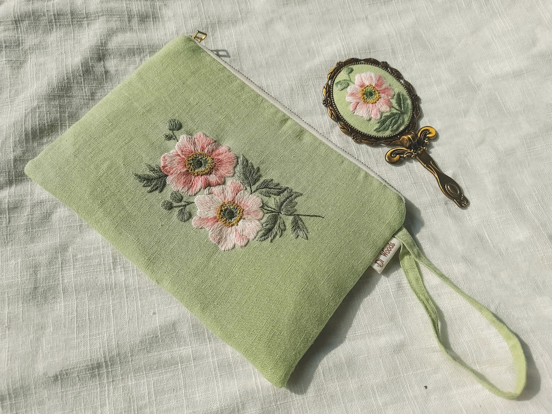 Personalized Hand Embroidered Flower Pouch Linen Wallet - Etsy