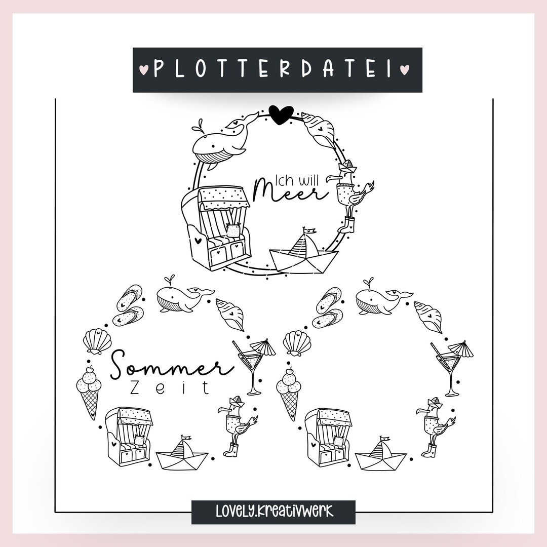 Plotterdatei Sommer Set Meer Maritim Illustrationen Schiffchen Möwe Strandkorb Dekoration 3 SVG ...