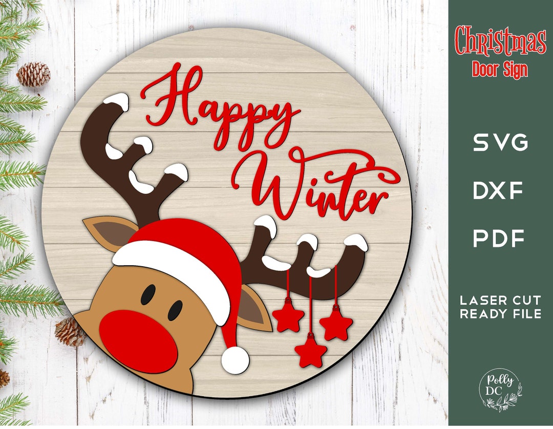 Reindeer Door Hanger SVG Laser Cut File, Christmas Round Door Sign Svg ...