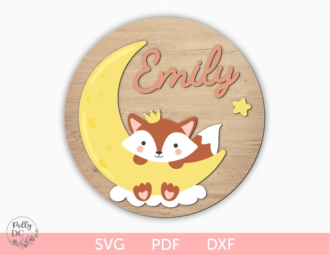 Cute Fox Nursery Sign Svg, Baby Name Sign Svg, Fox on the Moon Nursery ...