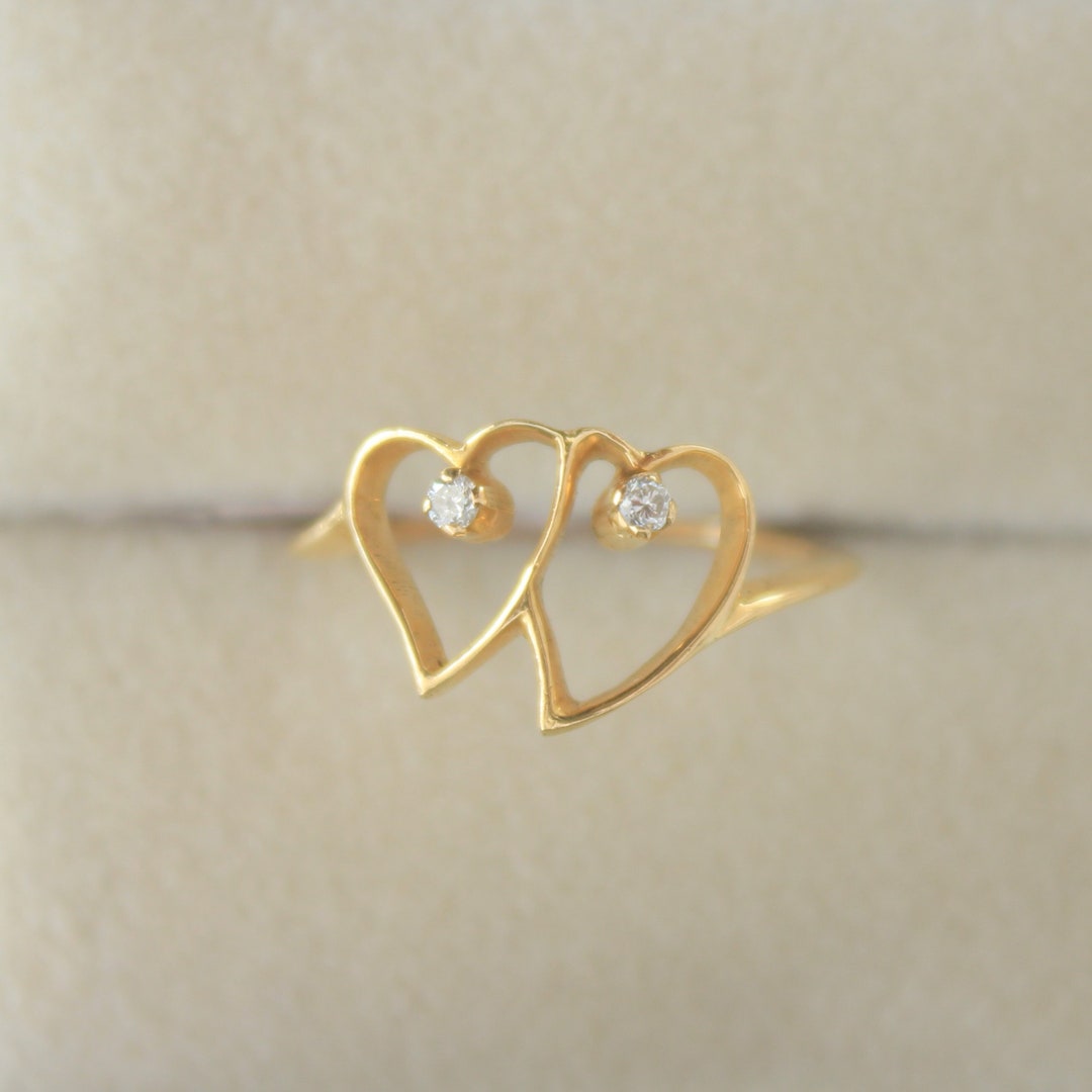 Diamond Ring Handcrafted in 18K Solid Gold, Two Hearts Ring, Valentine ...