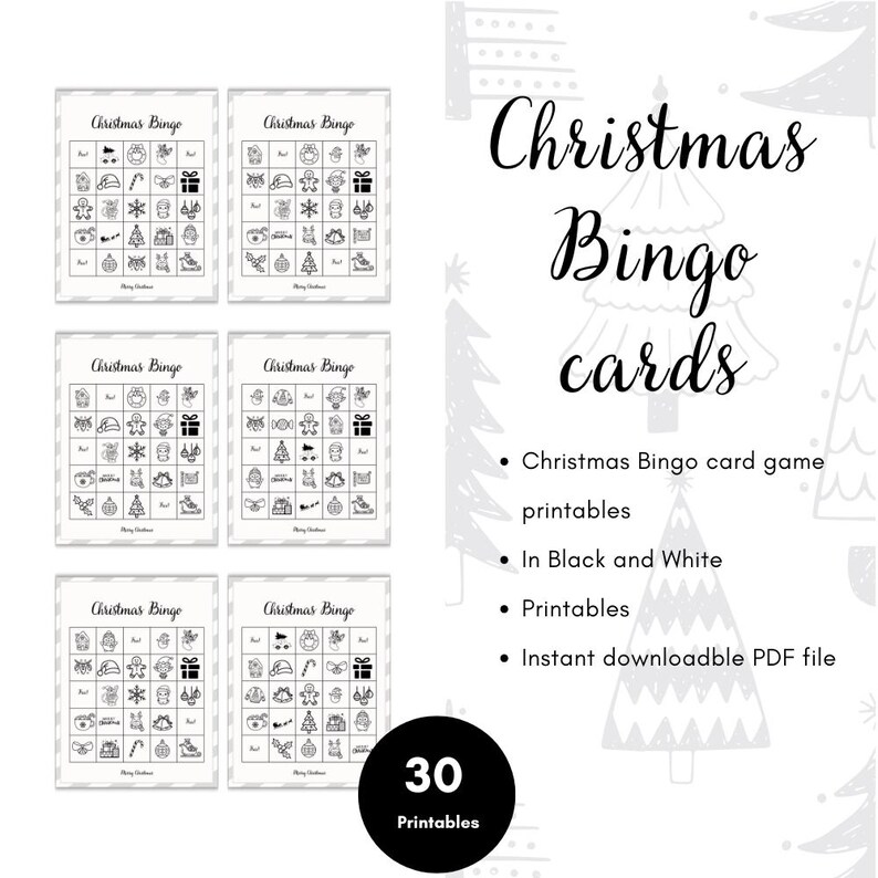 Christmas Bingo Black and White Card Game Bundle, Fun Christmas Family ...