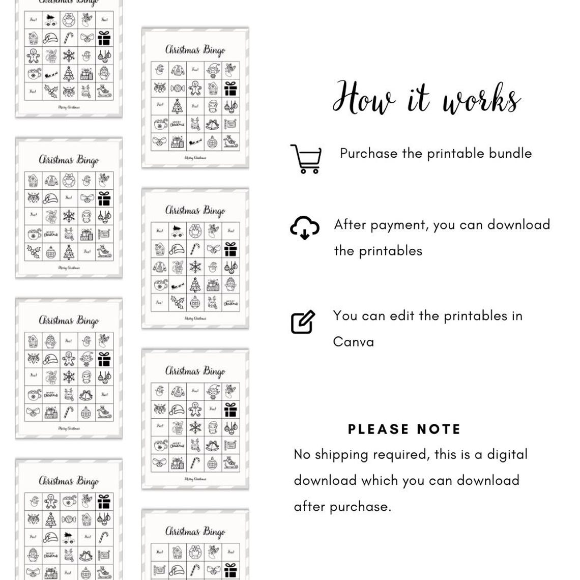Christmas Bingo Black and White Card Game Bundle, Fun Christmas Family ...