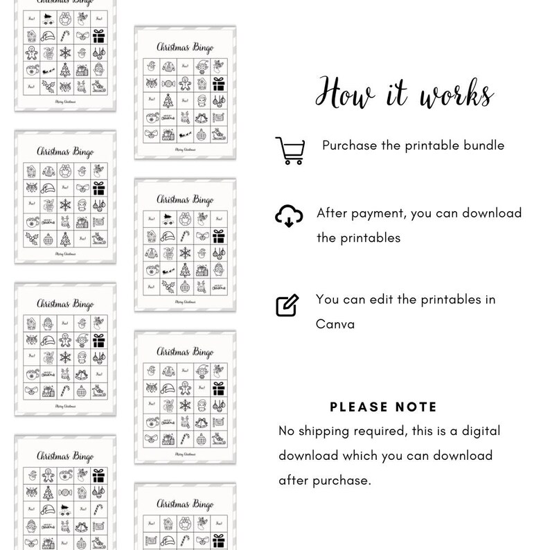 Christmas Bingo Black and White Card Game Bundle, Fun Christmas Family ...