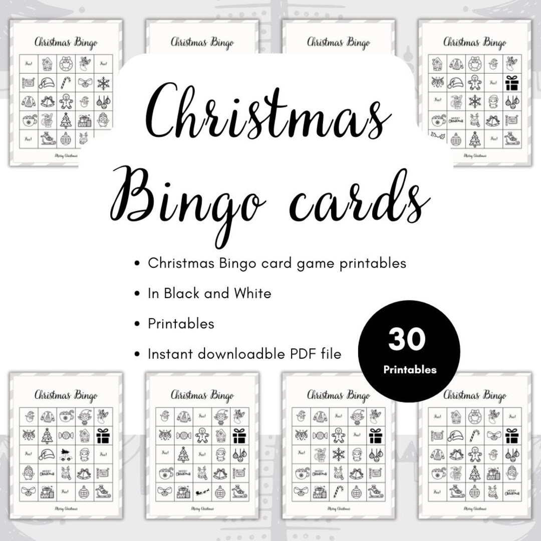 Christmas Bingo Black and White Card Game Bundle, Fun Christmas Family ...