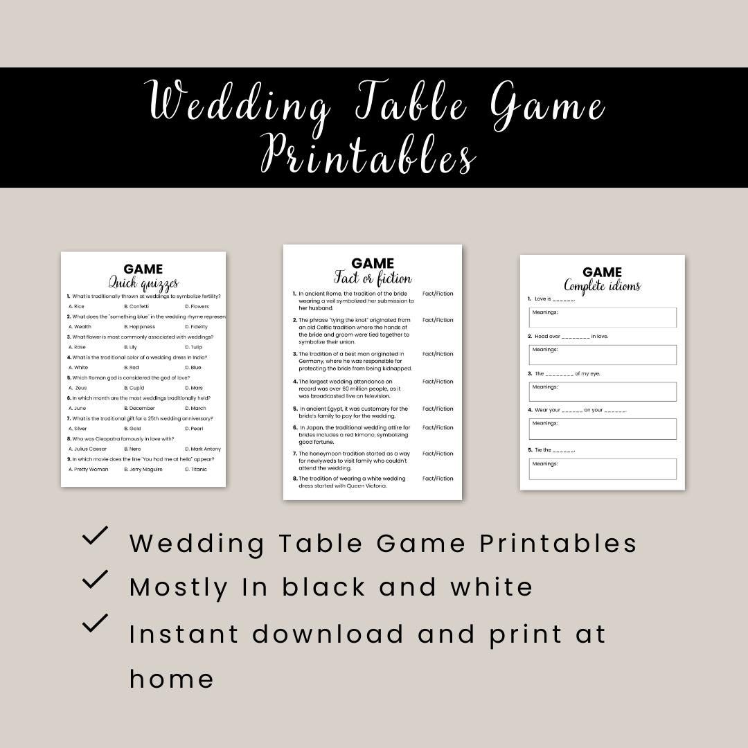 Wedding Table Games Printable Bundle, Wedding Reception Games, Wedding ...