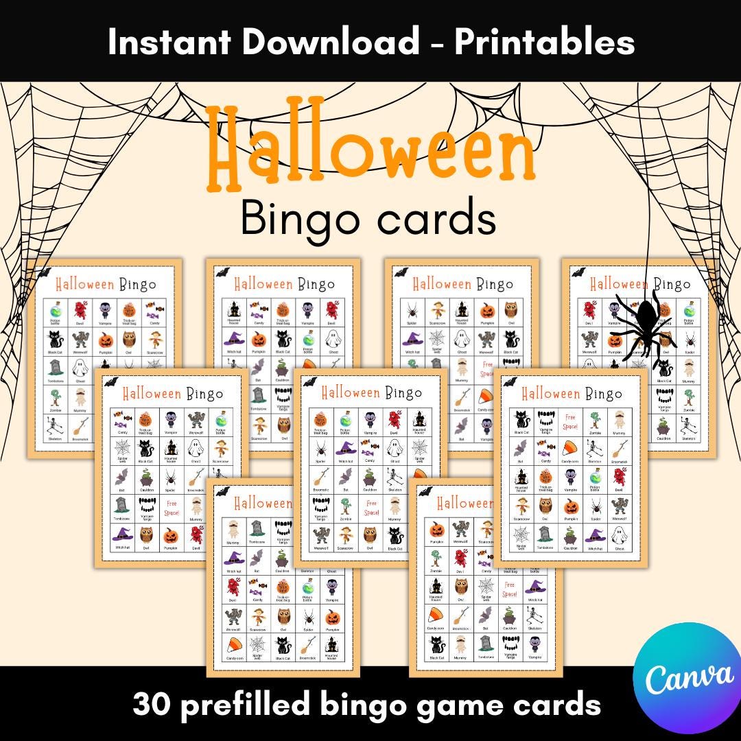 Halloween Bingo Cards, Printable - 30 Prefilled Bingo Cards - PDF ...