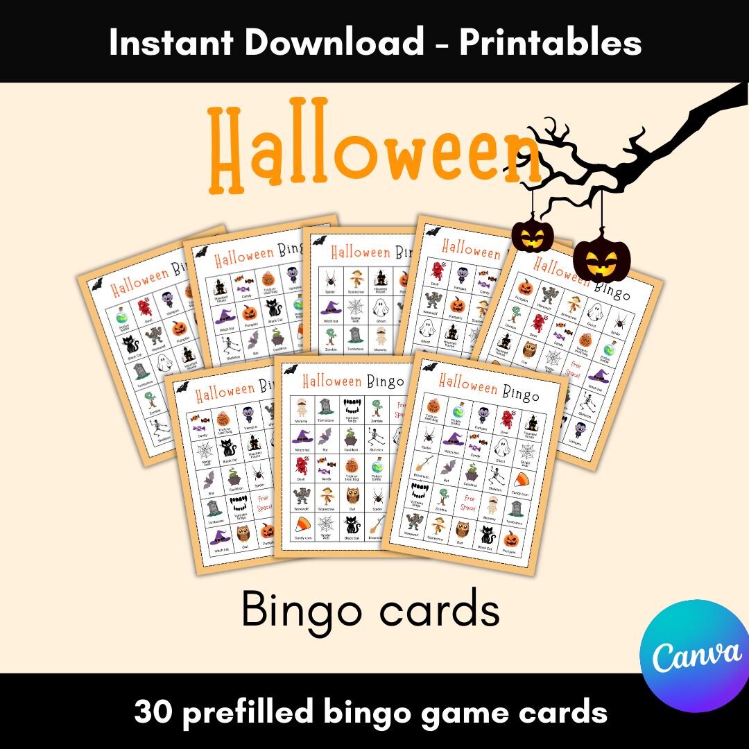 Halloween Bingo Cards, Printable - 30 Prefilled Bingo Cards - PDF ...