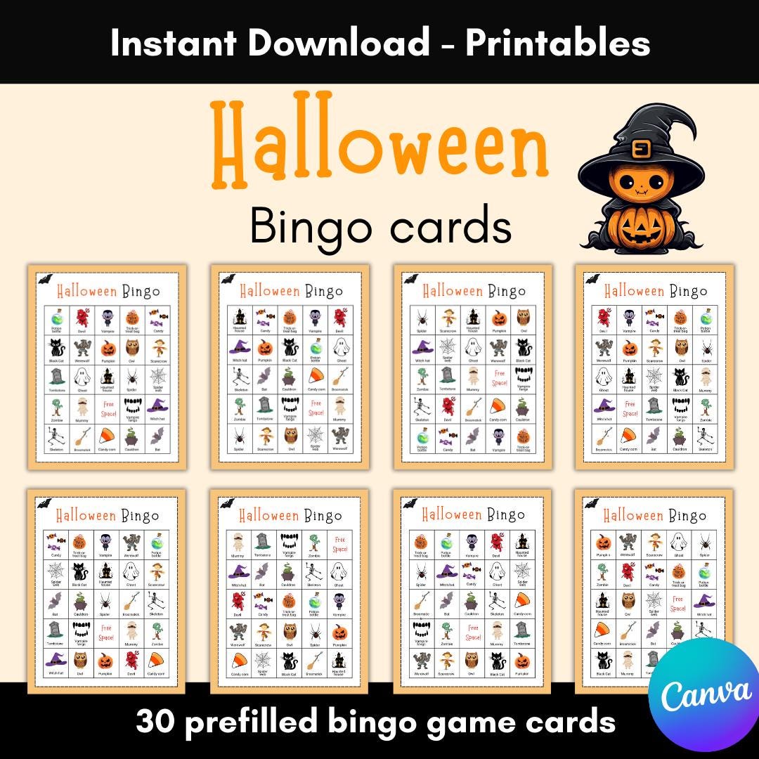 Halloween Bingo Cards, Printable - 30 Prefilled Bingo Cards - PDF ...