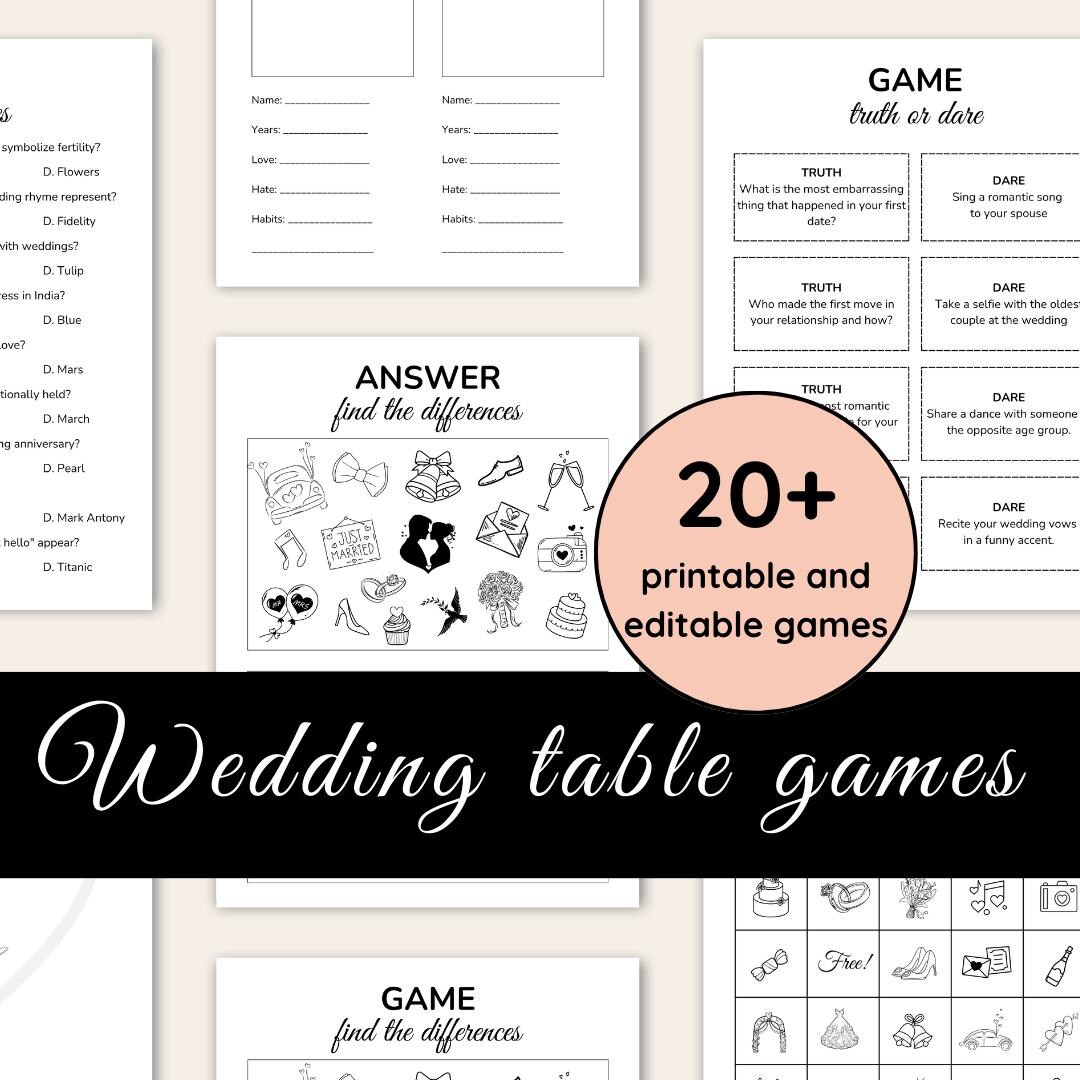 Wedding Table Games Printable Bundle, Wedding Reception Games, Wedding ...
