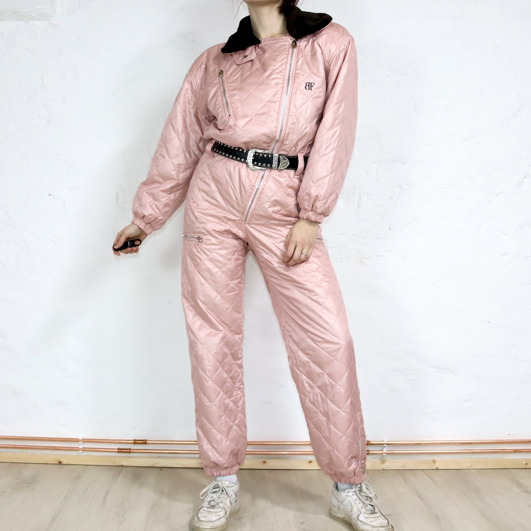 Vintage 80s 90s BELFE Ski Suit Ski Overall Shiny Pink Faux Fur Collar ...