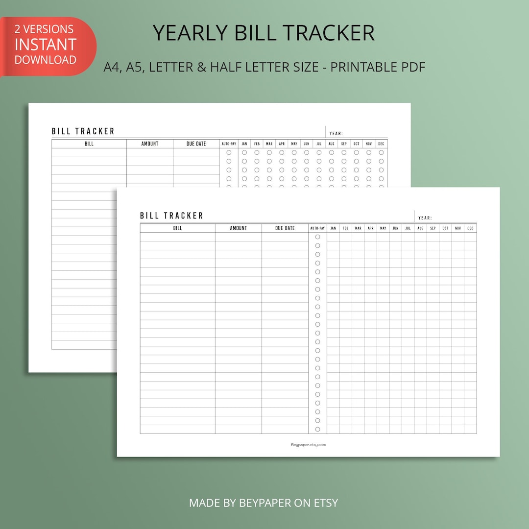 Printable Yearly Bill Payment Tracker Yearly Bill Payment Checklist ...
