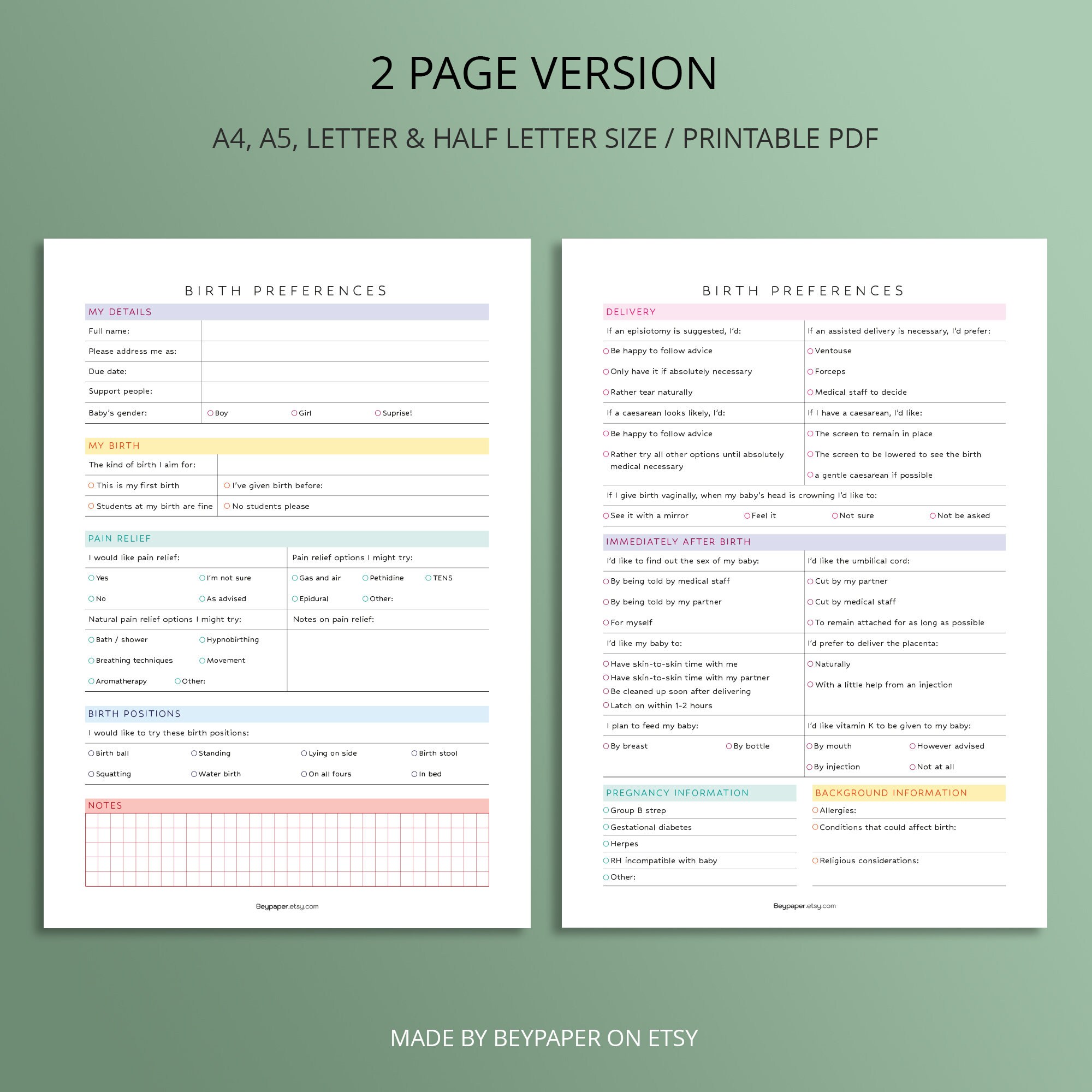 Printable Birth Preferences Template | Birth Plan, Birthing Plan ...