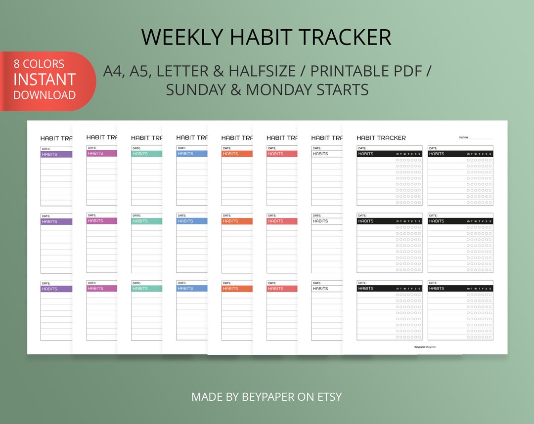 Printable Weekly Habit Tracker 8 Colors Habit Tracker Instant Download ...