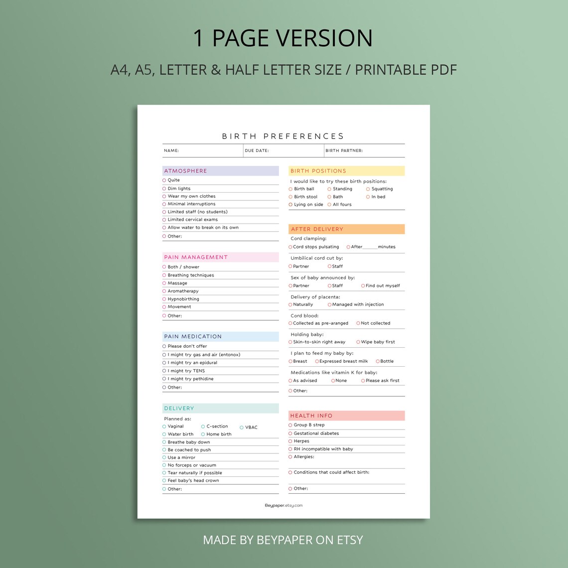 Printable Birth Preferences Template | Birth Plan, Birthing Plan ...
