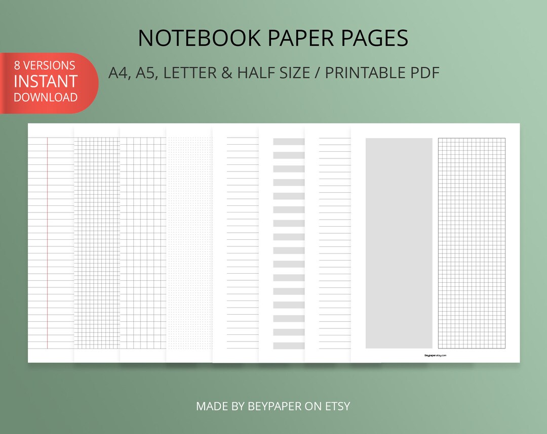 Printable Notebook Paper Pages | Lined, Graph & Dot Grid Paper Bundle ...